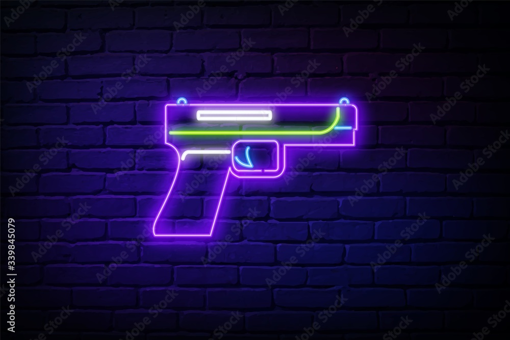 Glowing neon icons.Icons for a war game, automatic weapons, a gun ...