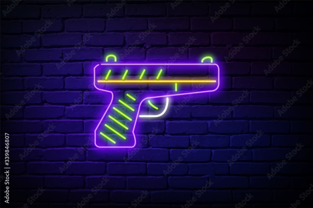 Glowing neon icons.Icons for a war game, automatic weapons, a gun ...