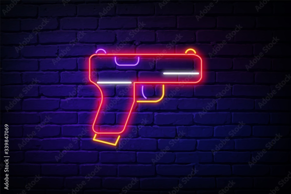 Glowing neon icons.Icons for a war game, automatic weapons, a gun ...