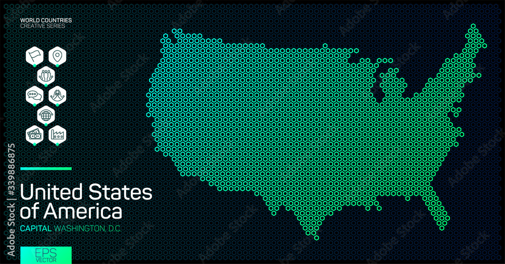 Abstract map of United States of America with hexagon line cells with ...
