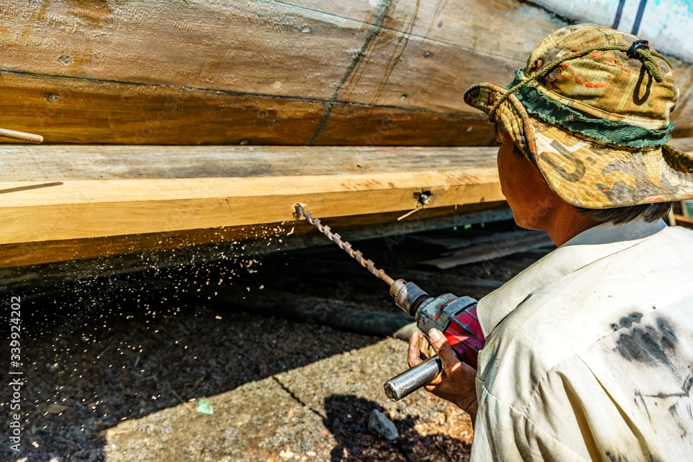 Worker in Shipyard. Shipyard industry ,( ship building) Big ship on ...