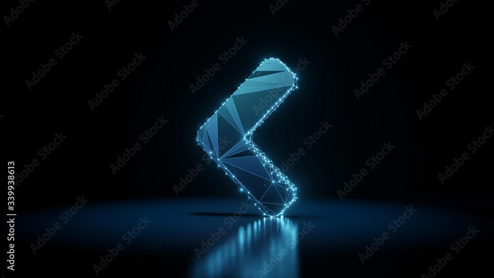 3d rendering wireframe neon glowing symbol of angle left on black background with reflection ...