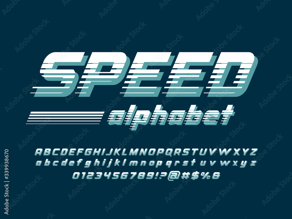 Vetor de Speed style alphabet design with uppercase, lowercase, numbers ...