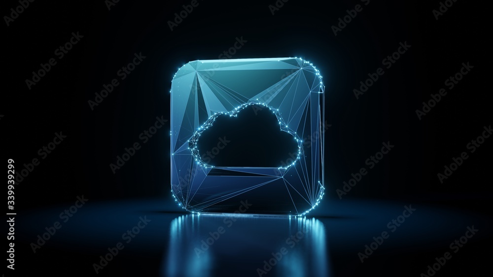 3d rendering wireframe neon glowing icon of iCloud drive app on black ...