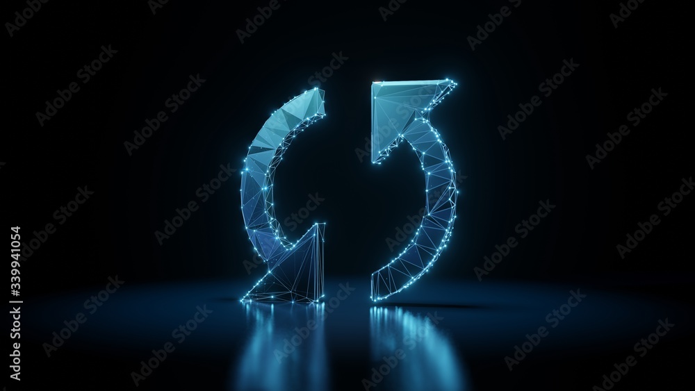 3d rendering wireframe neon glowing symbol of double refresh arrow on black background with ...