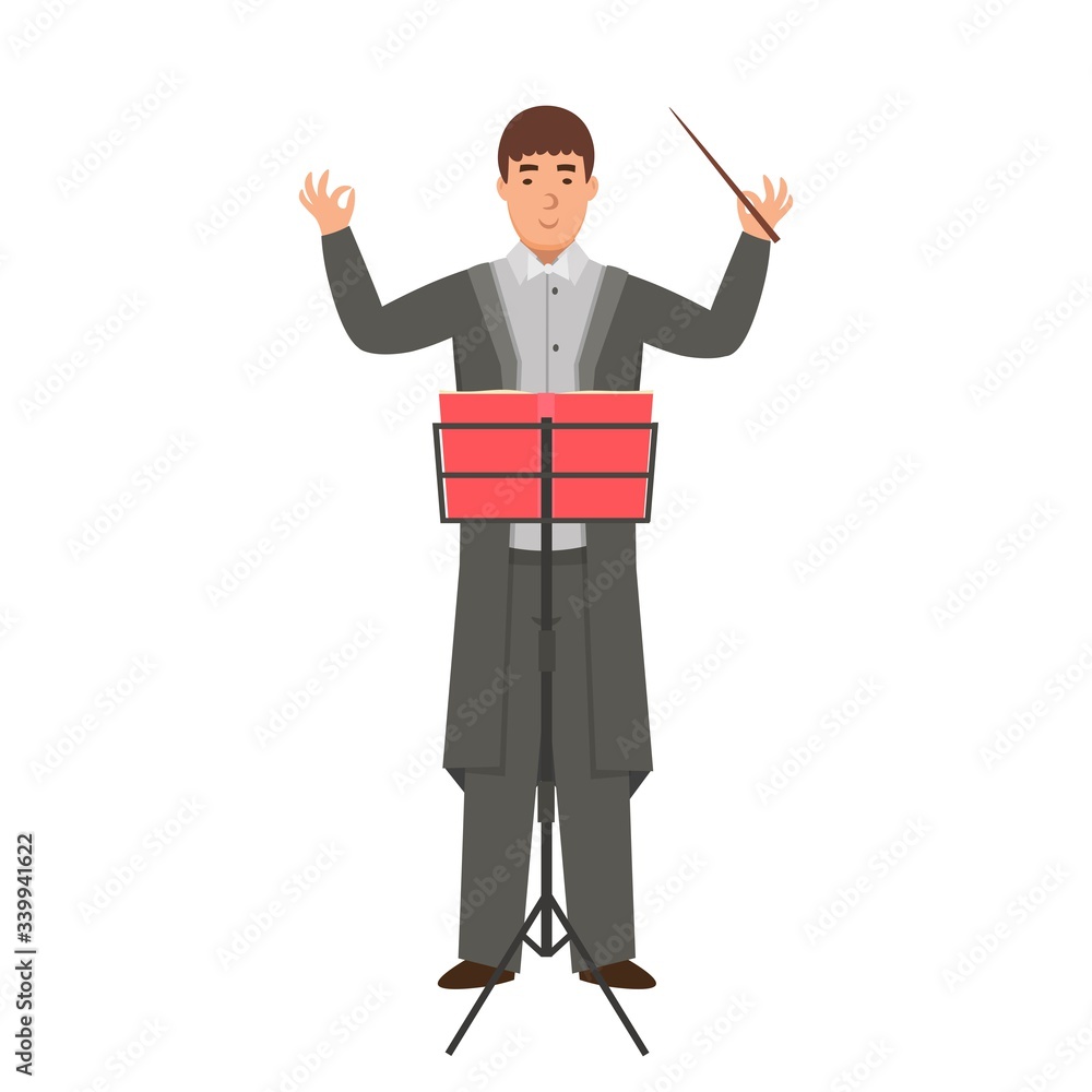 Cartoon conductor with notes, character for children. Flat vector ...