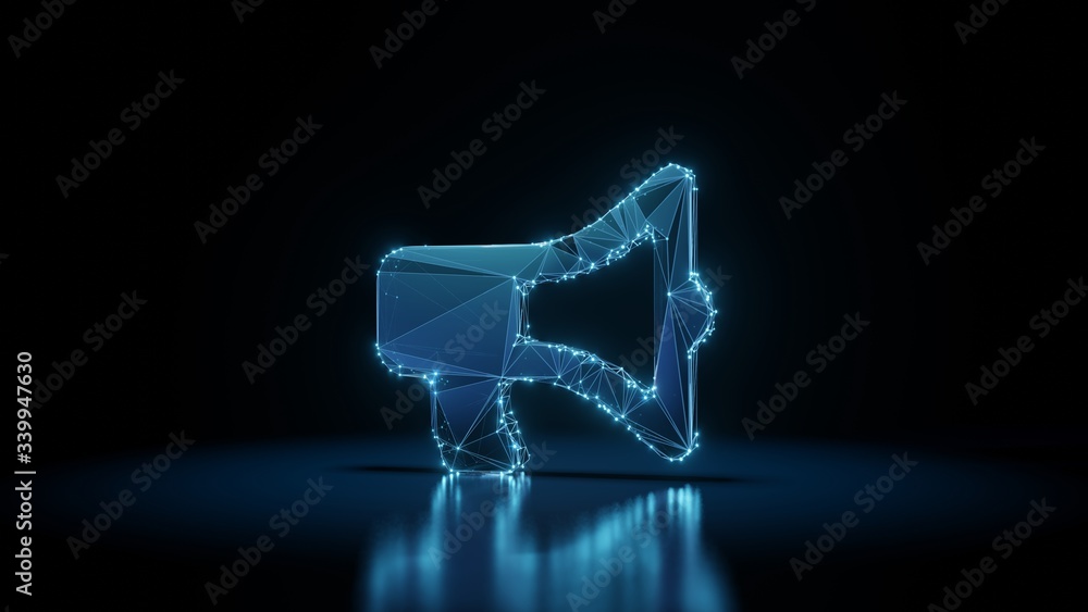 3d rendering wireframe neon glowing symbol of bullhorn on black ...