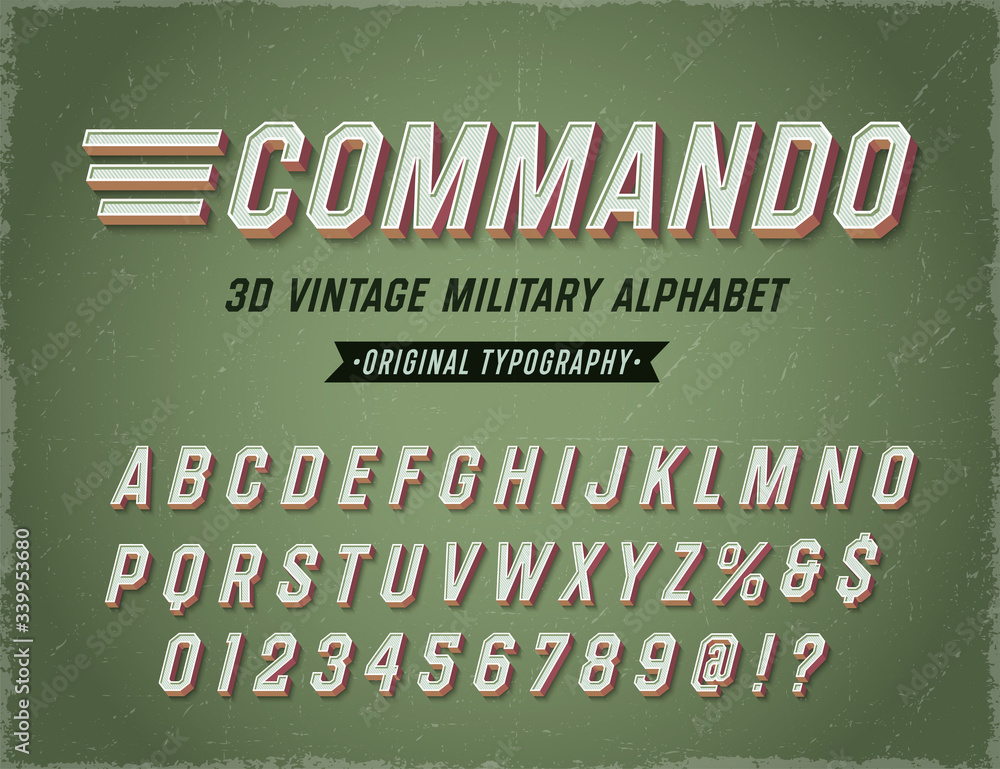 'Commando' Vintage Retro 3D Military Alphabet. Army Font. Original ...