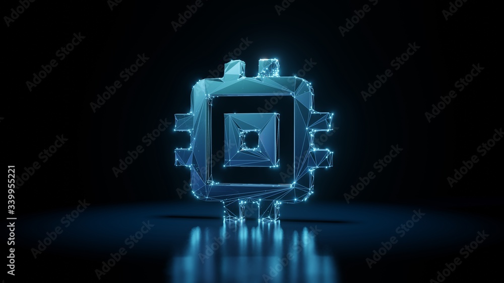 3d rendering wireframe neon glowing symbol of computer on black ...