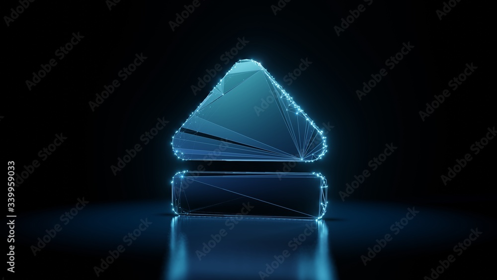 3d rendering wireframe neon glowing symbol of eject on black background with reflection Stock ...