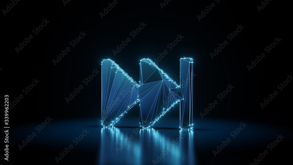3d rendering wireframe neon glowing symbol of fast forward on black background with reflection ...