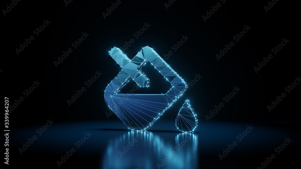 3d rendering wireframe neon glowing symbol of fill drip on black background with reflection ...