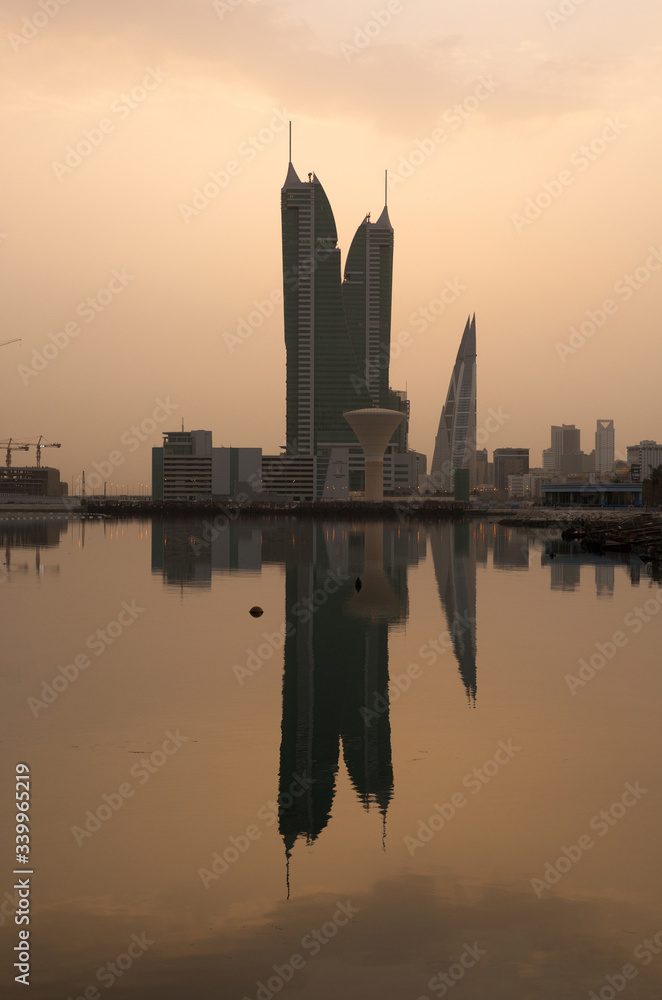 Bahrain skyline during sunrise with iconic buildings Stock Photo ...