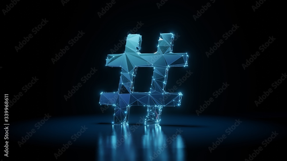 3d rendering wireframe neon glowing symbol of hashtag on black ...