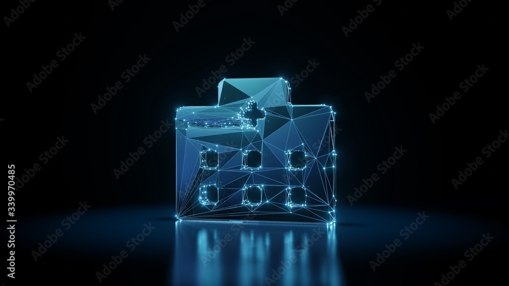 3d rendering wireframe neon glowing symbol of hospital on black background with reflection Stock ...