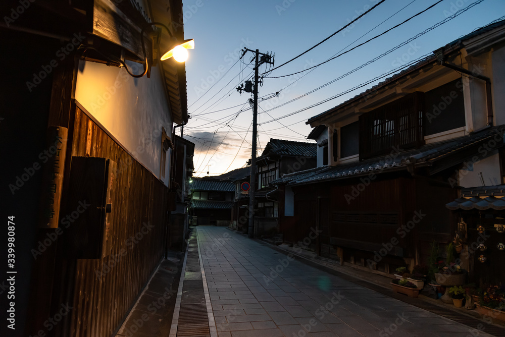 Takehara Townscape Conservation Area in dusk. The streets lined with ...