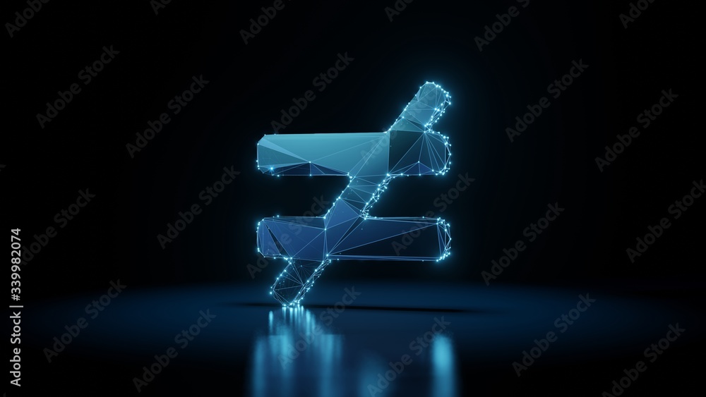 3d rendering wireframe neon glowing symbol of not equal on black ...