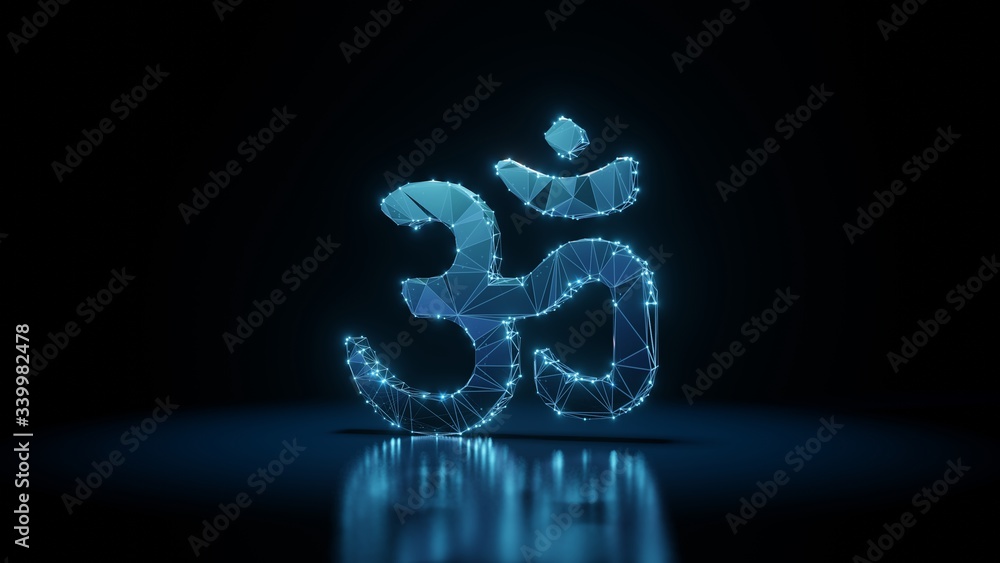 3d rendering wireframe neon glowing symbol of om on black background ...