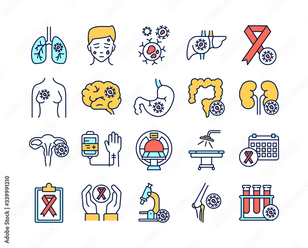 Cancer different organs line color icons set. Oncology. Medical ...