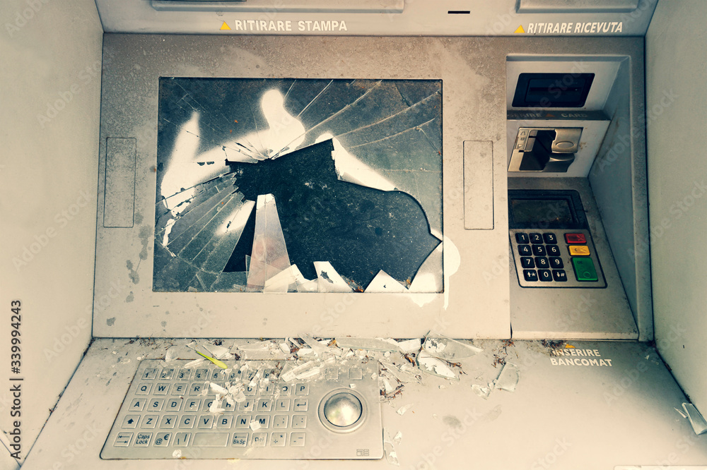 Damaged, vandalised, abandoned ghost ATM, out of order destroyed cash ...