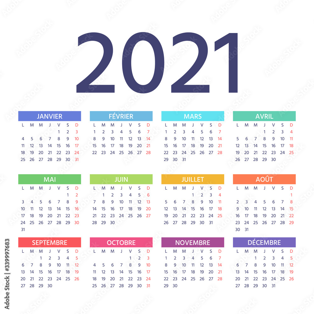 French Calendar 2021 year. Week starts Monday. Vector. France calender ...