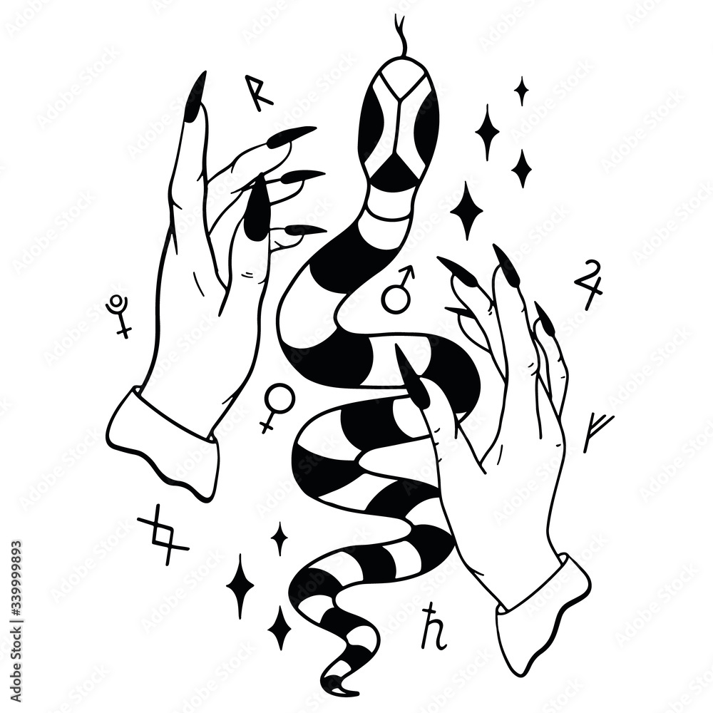 Colorful vector illustration with a snake between the hands of a witch ...
