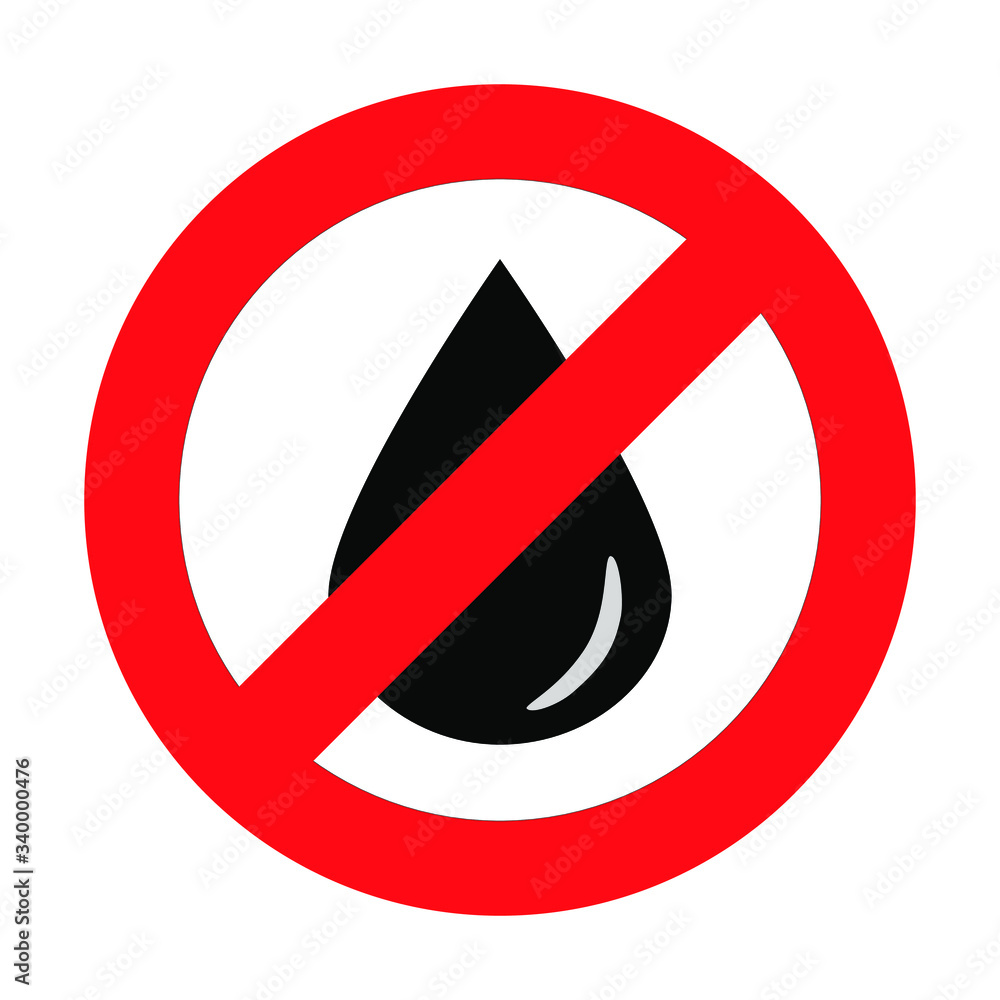 Isolated black oil drop or drip in forbidding crossed out red circle on ...