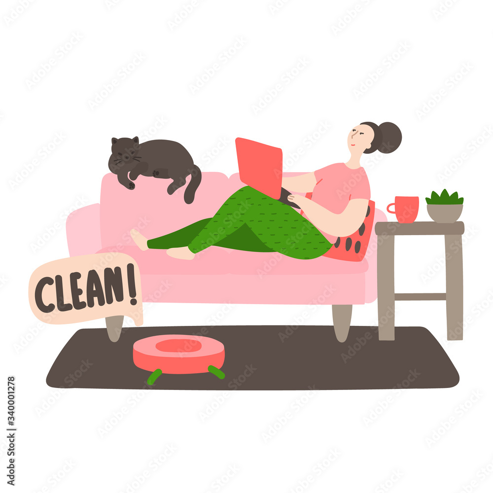 Happy young cleans the house. Robot vacuum cleaner vacuuming the living ...