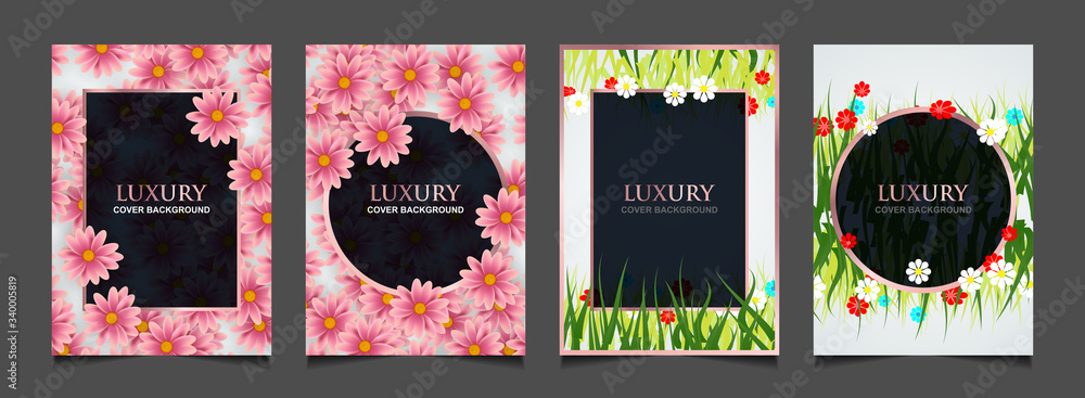 Set of elegant cover design template with flower and green leaves ...