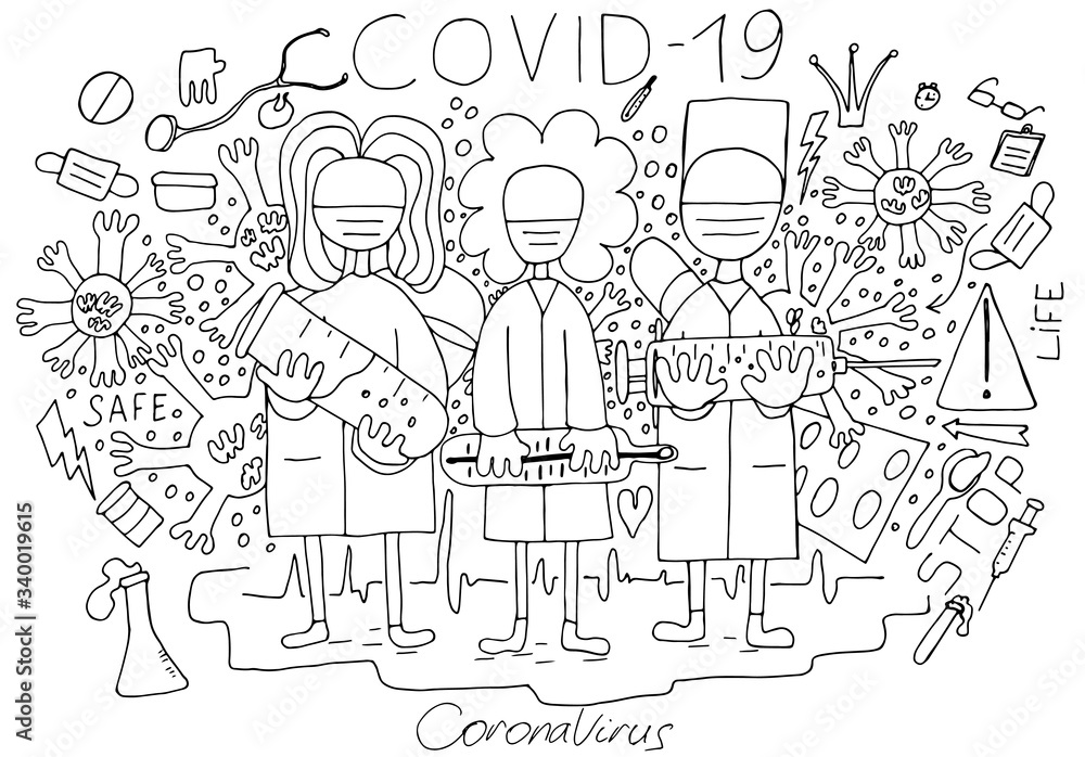 Hand-drawing set on a medical theme. Three simple doctors with test ...