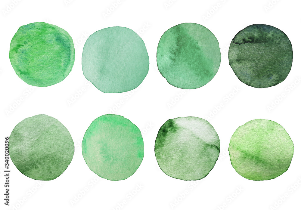 Green watercolor dots set. Hand painted Spots on a white background ...