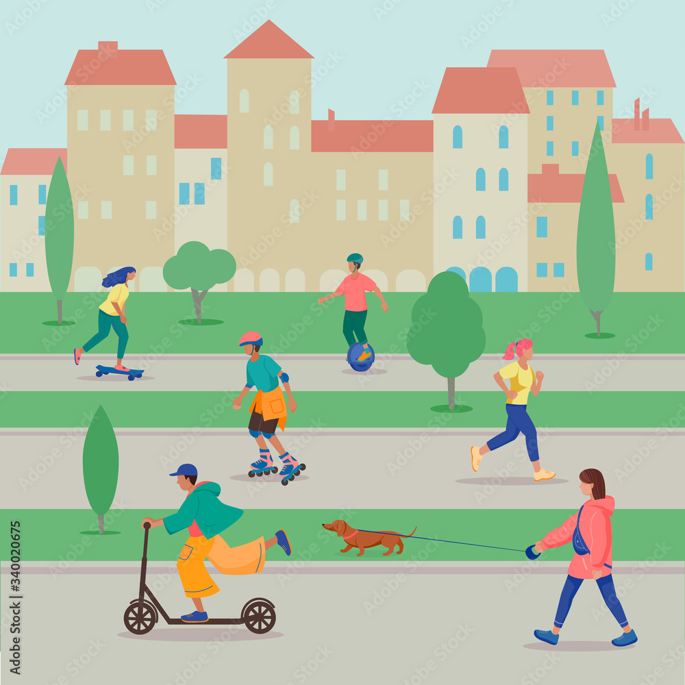 Six boys and girls are engaged in an active form of recreation in urban ...