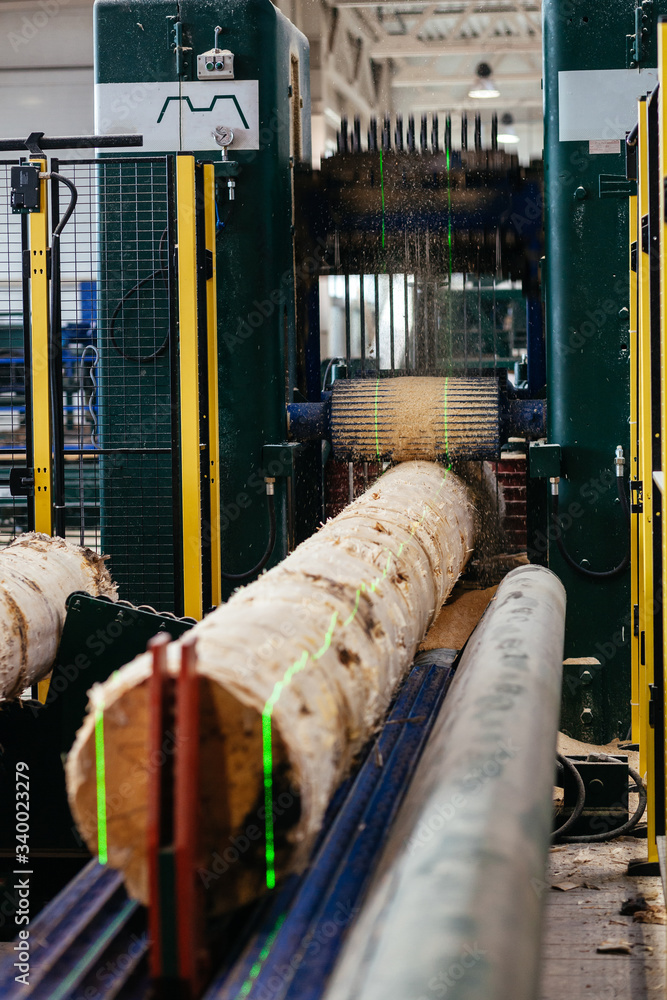 sawing a log at a sawmill using a machine, automatic production at a ...