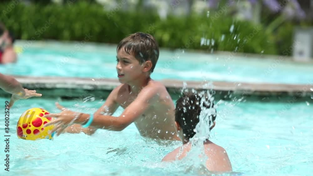 Children playing at the swimming pool. kids playing game with ball ...