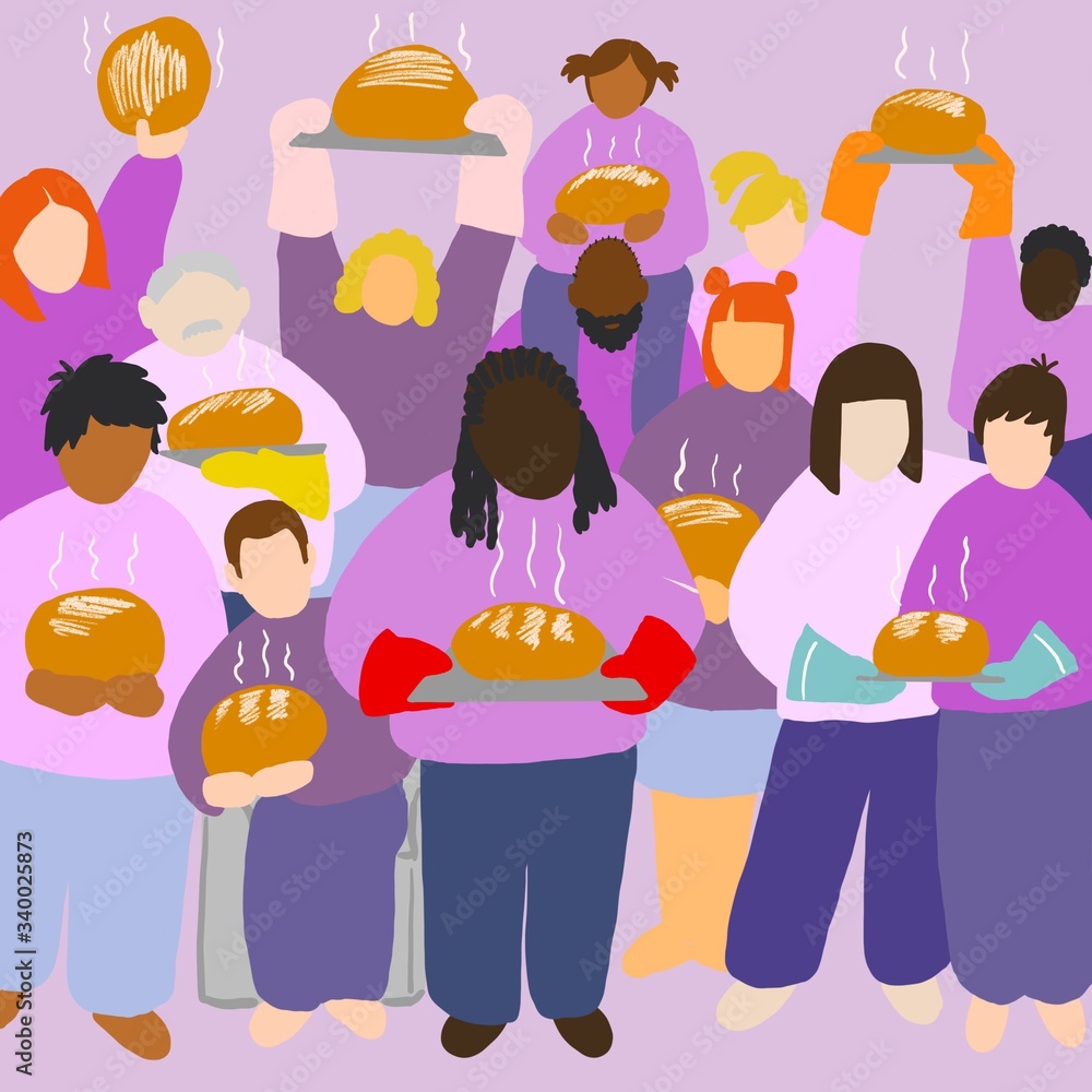 a diverse group of people holding freshly baked loaves of bread. Stock ...