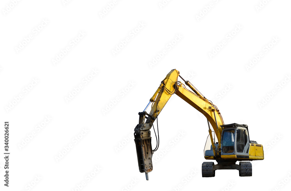 Stockfoto Excavator with hydraulic hammer isolated on white background ...