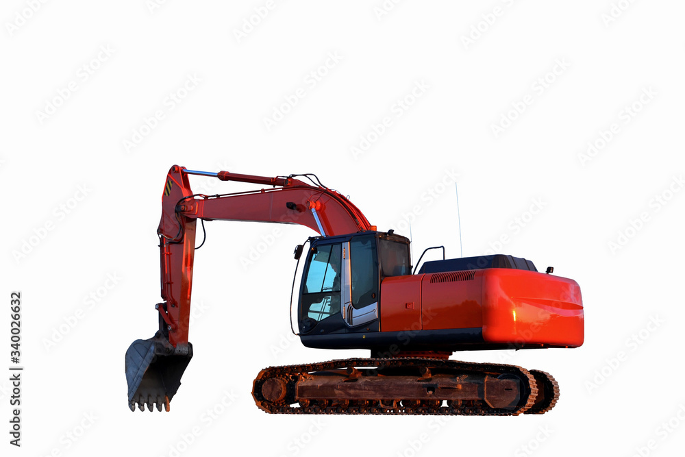 Red tracked excavator isolated on white background. Isolation of ...