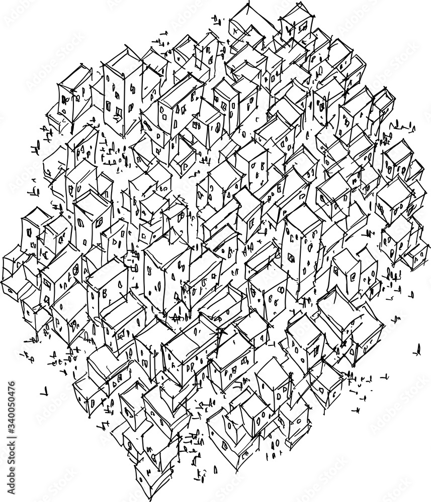 hand drawn sketch of giant slum city composed of rectangular houses and ...