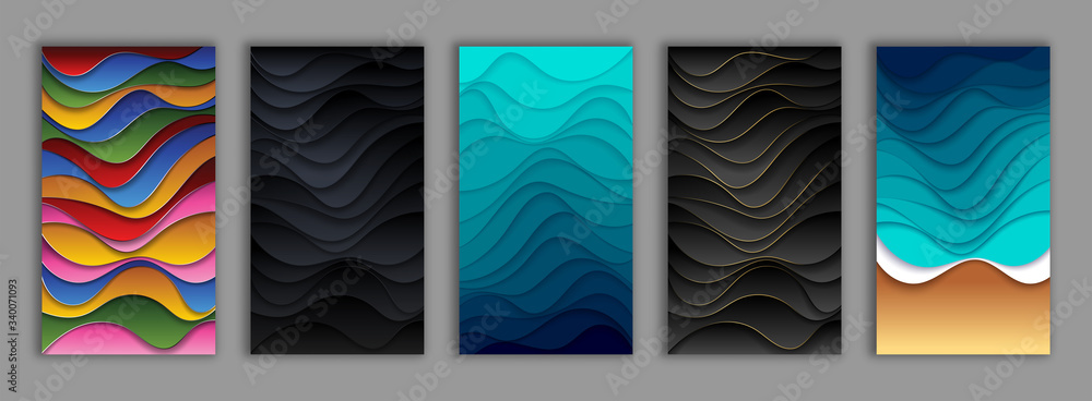 Abstract paper cut style backgrounds set. Colorful, black and blue ...