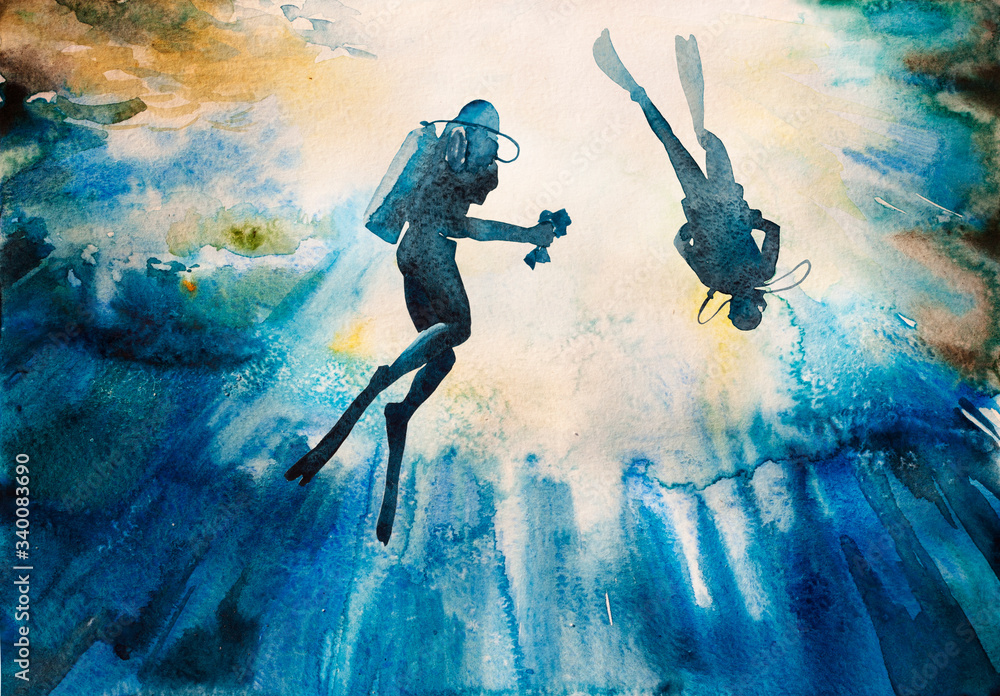 Watercolor group of divers in the depth of ocean. Original illustration ...