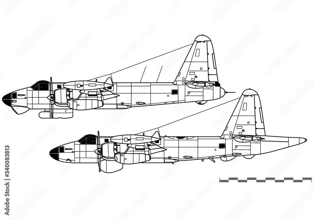 Lockheed P-2 Neptune, P2V-7 & AP-2H. Vector drawing of maritime patrol ...