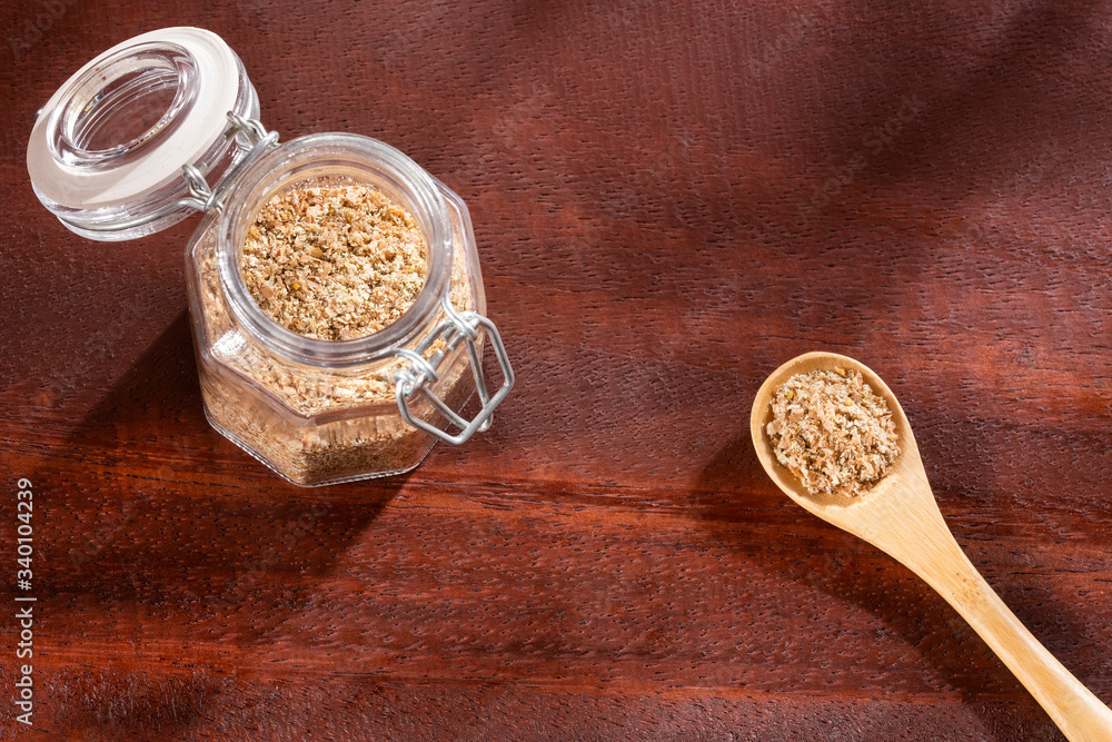 Food powder based on soy fiber with psyllium - Glass jar foto de Stock ...