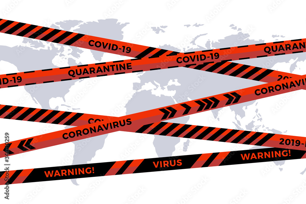 Vector biohazard danger yellow black tape on white paper cut world map ...