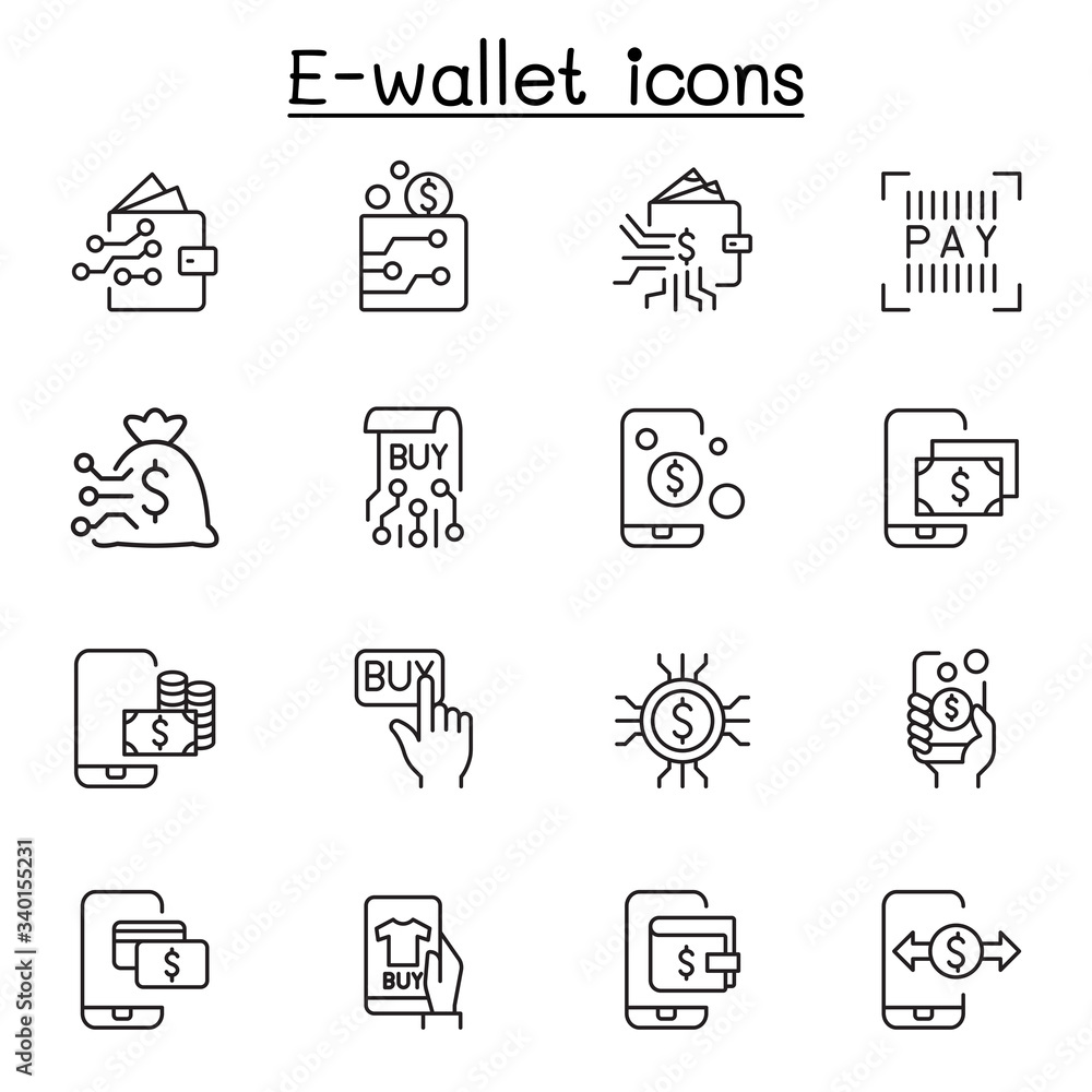 E-wallet, digital money, mobile banking icon set in thin line style ...