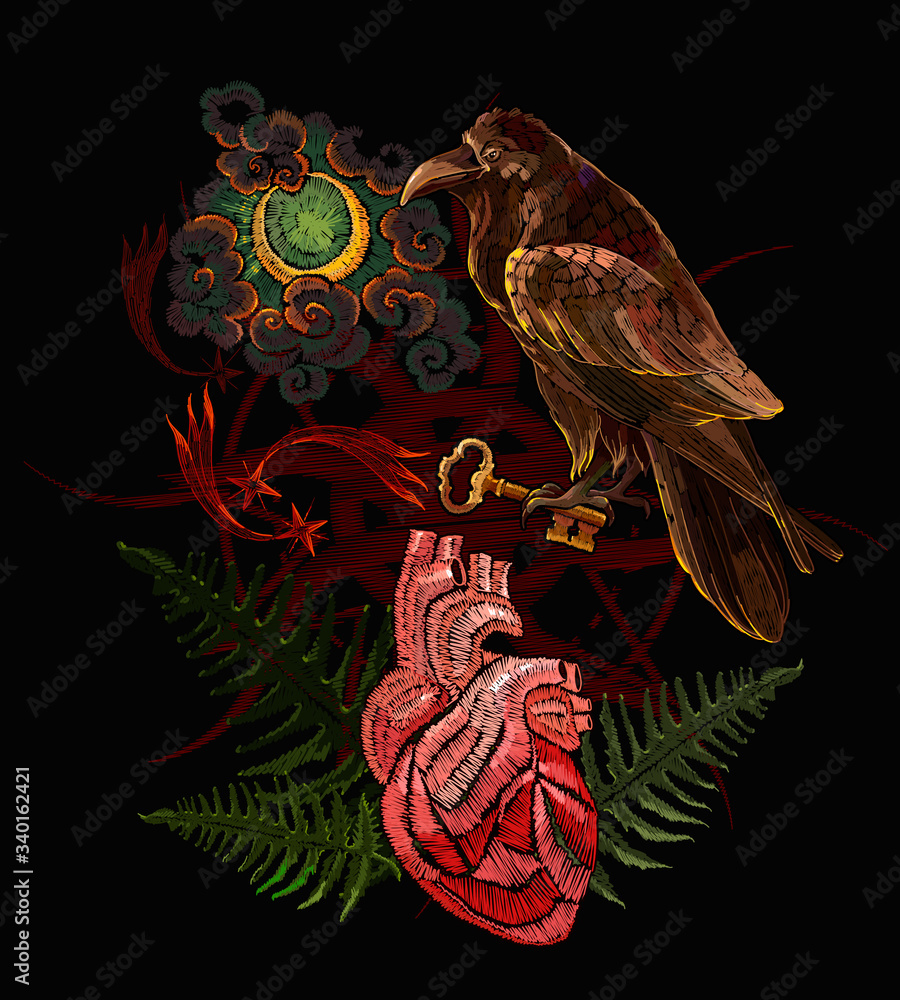 Alchemy art. Gothic black raven, moon, fern, golden key and anatomical ...