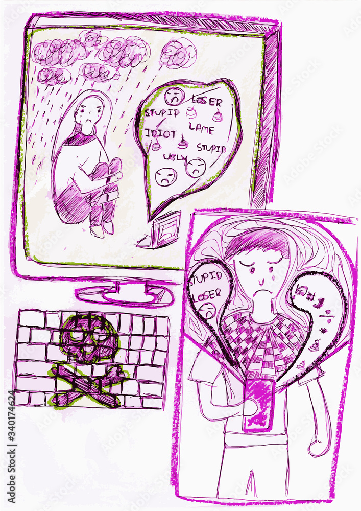 Cyberbullying vector illustration. Flat tiny web violence person ...