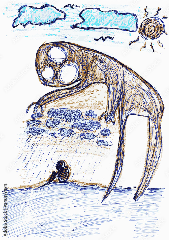 hand-drawn sketch of a sad man under problem. life problems as holding ...