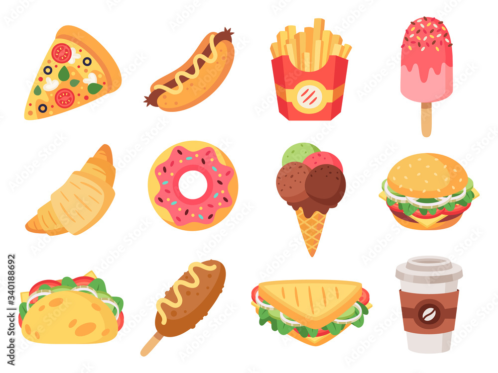 Fast food. Junk food and snacks, hamburger, taco, french fries, donut ...