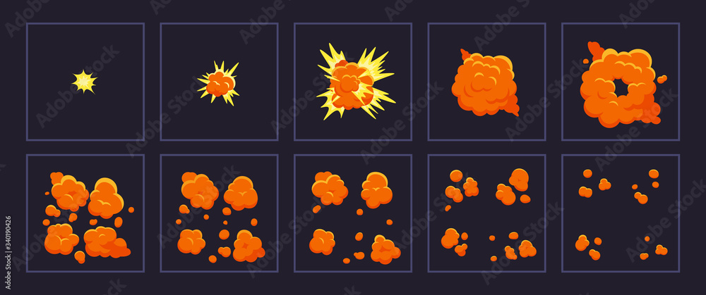 Vetor de Cartoon motion explosions. Animated explosion shot, explode ...