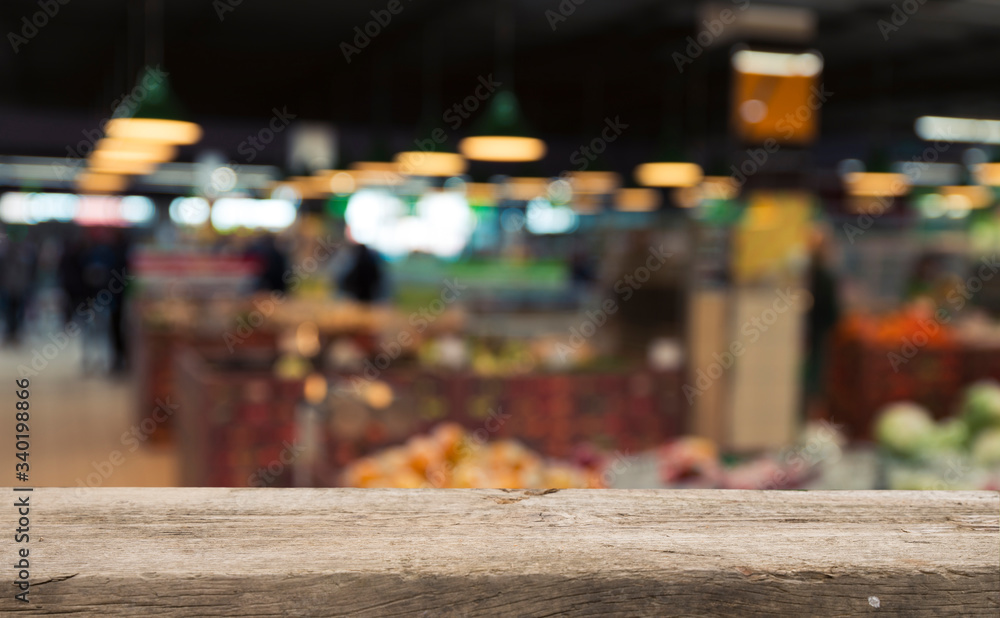 Supermarket background, Counter over blur grocery background, Wooden ...
